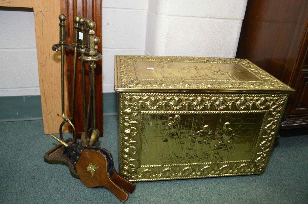 Large brass bound kindling box and a vintage companion set and a set ...