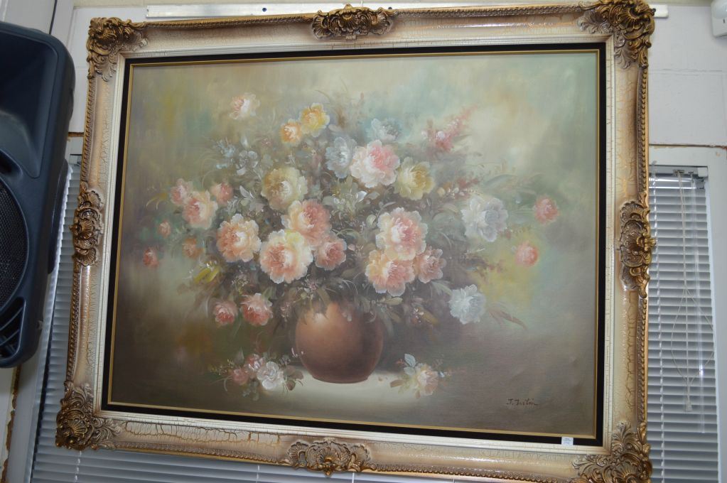 Framed original oil on canvas still-life floral painting signed by ...