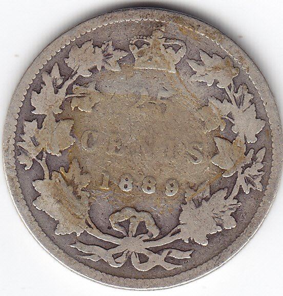 1889 Canada Silver 25-Cent Quarter Coin - Closed "9" - AG-3/G