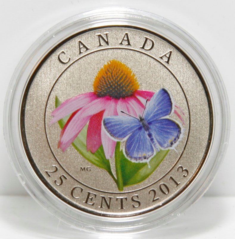 2013 Canada 25-Cent Coloured Coin: Purple Coneflower & Eastern Tailed ...