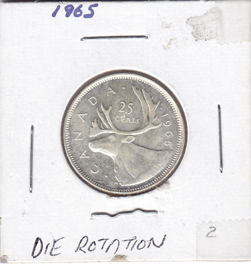 1965 Canada Silver 25-Cent Quarter Coin - Die Rotation ERROR