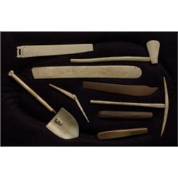 Nine Carved Ivory and Bone Inuit Artifacts, Folding Toothpick 3" L ...
