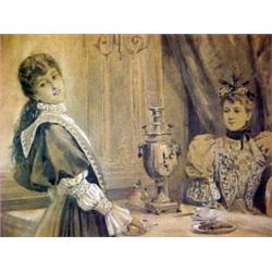 Adolf Karol Sandoz, maid serving food to a woman
