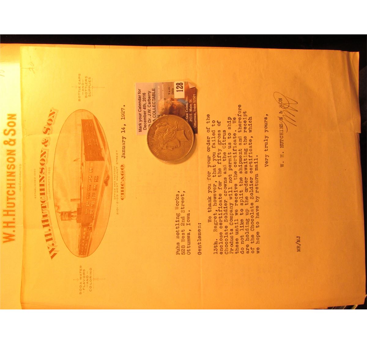 1923 & 1927 Letterhead "W.H. Hutchinson & Sons Chicago" Bottle Caps ...