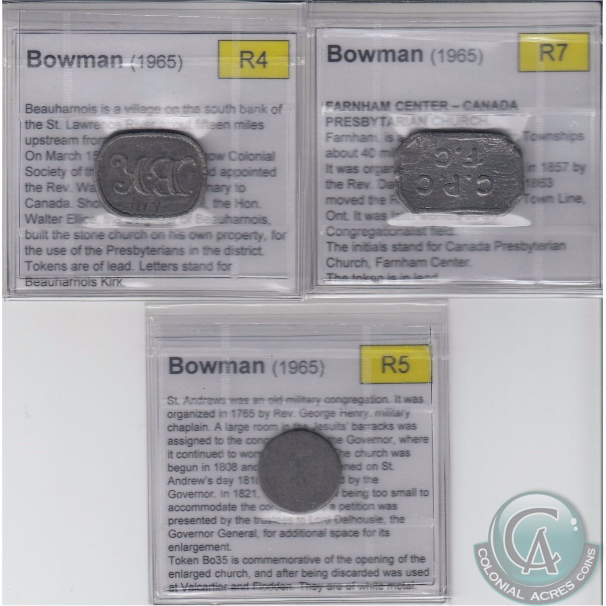 Tokens: 3x Communion Lead Tokens: 1833 Beauharnois, Church of Scotland ...