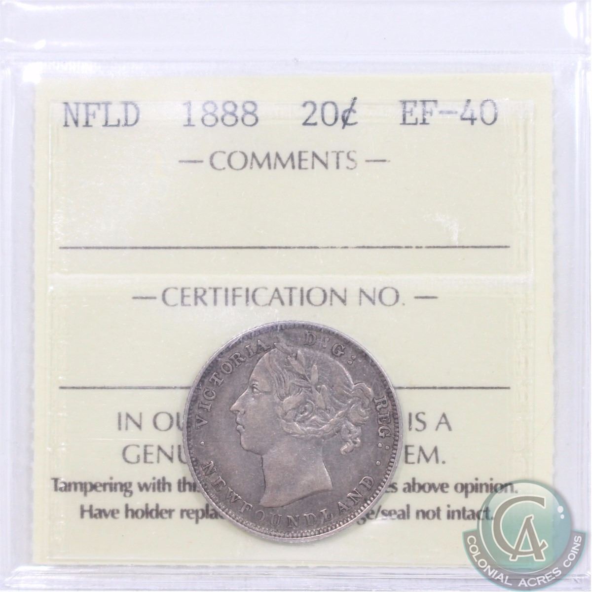 Newfoundland 20-cent 1888 ICCS Certified EF-40