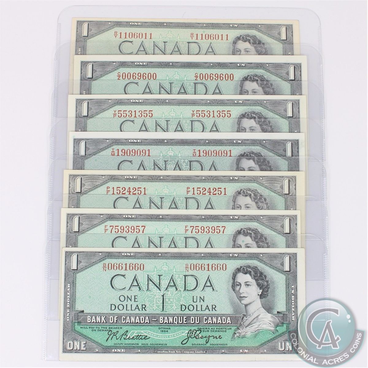 Group Lot of Seven 1954 Bank of Canada 3/4 digit RADAR $1 notes, S/N: B ...