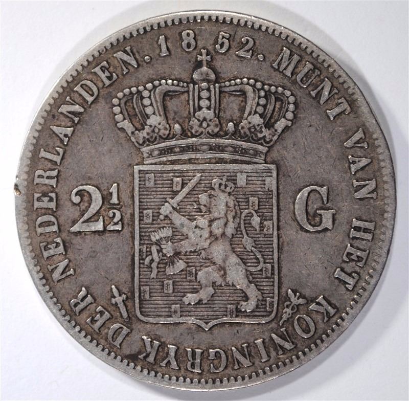 1852 NETHERLANDS 2.5 GUILDER SILVER COIN, XF