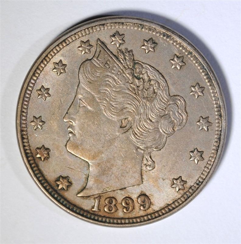 1899 LIBERTY "V" NICKEL, AU+ NICE COLORS