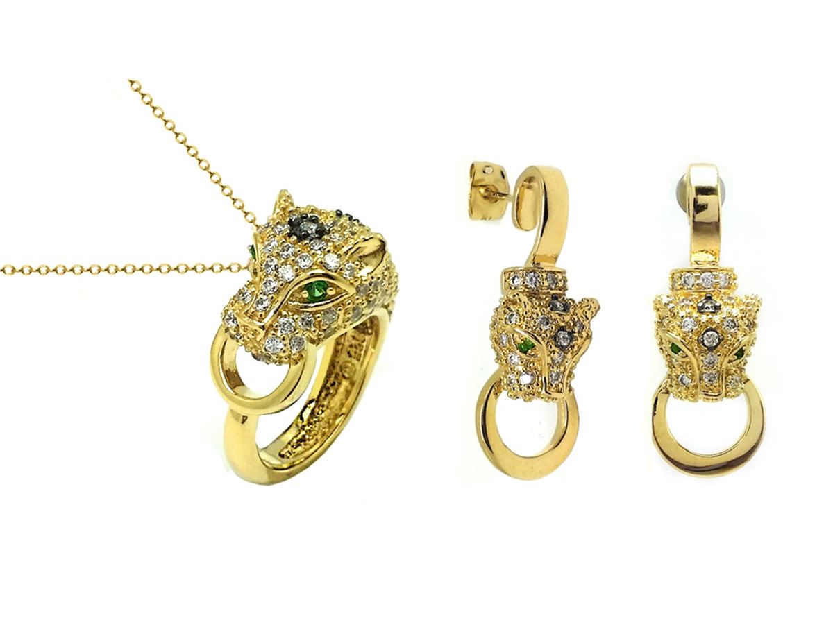 Sterling Silver Gold Plated Clear & Green Puma Feline Head CZ Stud ...