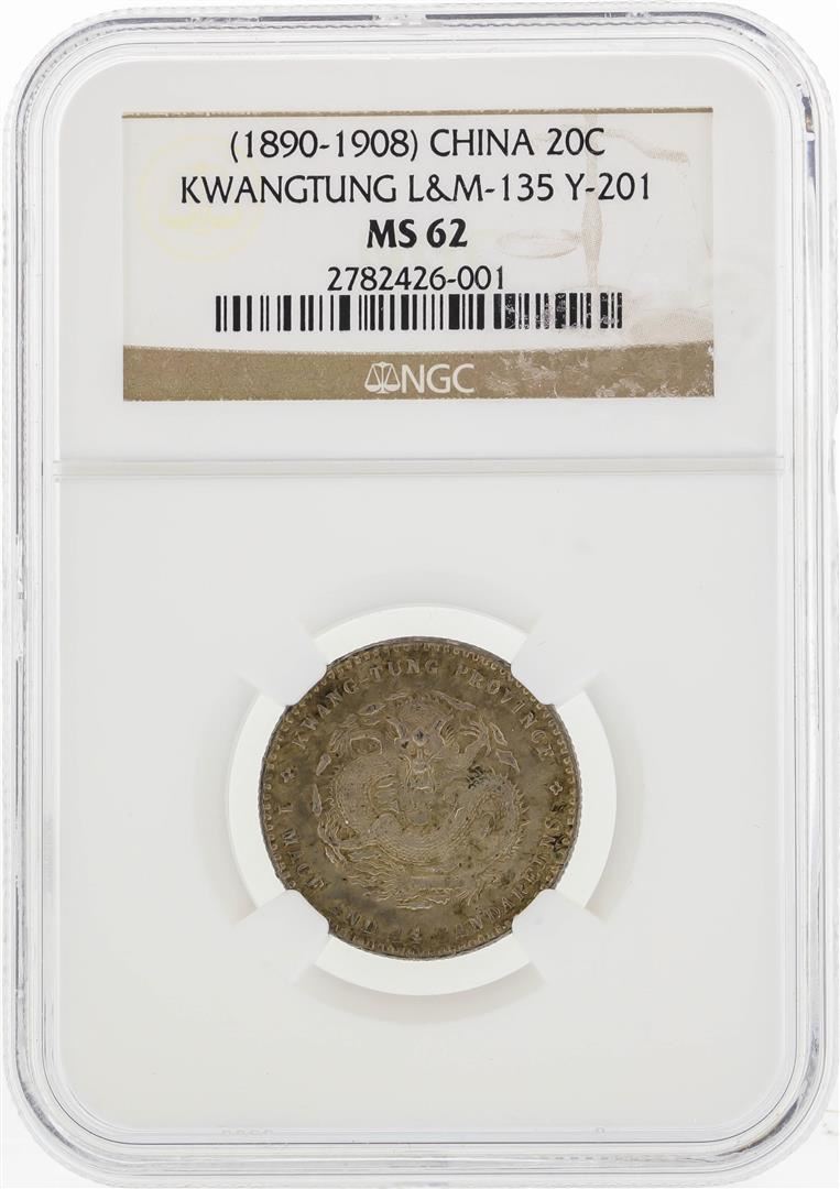 1890-1908 China 20 Cents Kwangtung L&M-135 Y-201 NGC MS62