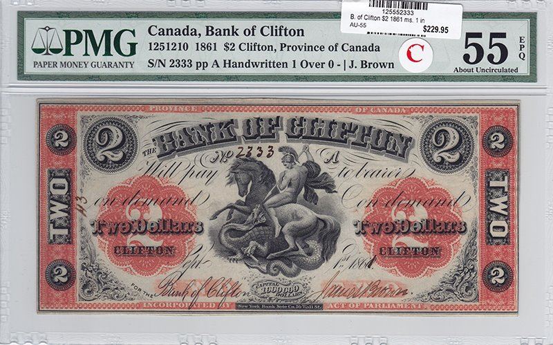 1861 Bank of Clifton - Canada - $2 PMG Graded - Province Of Canada - Bank Note - AU 55