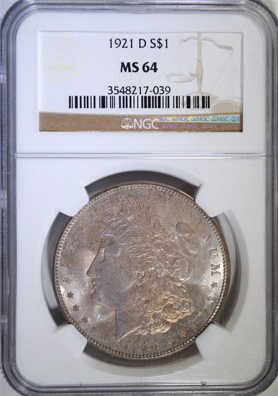 1921-D MORGAN SILVER DOLLAR, NGC MS-64