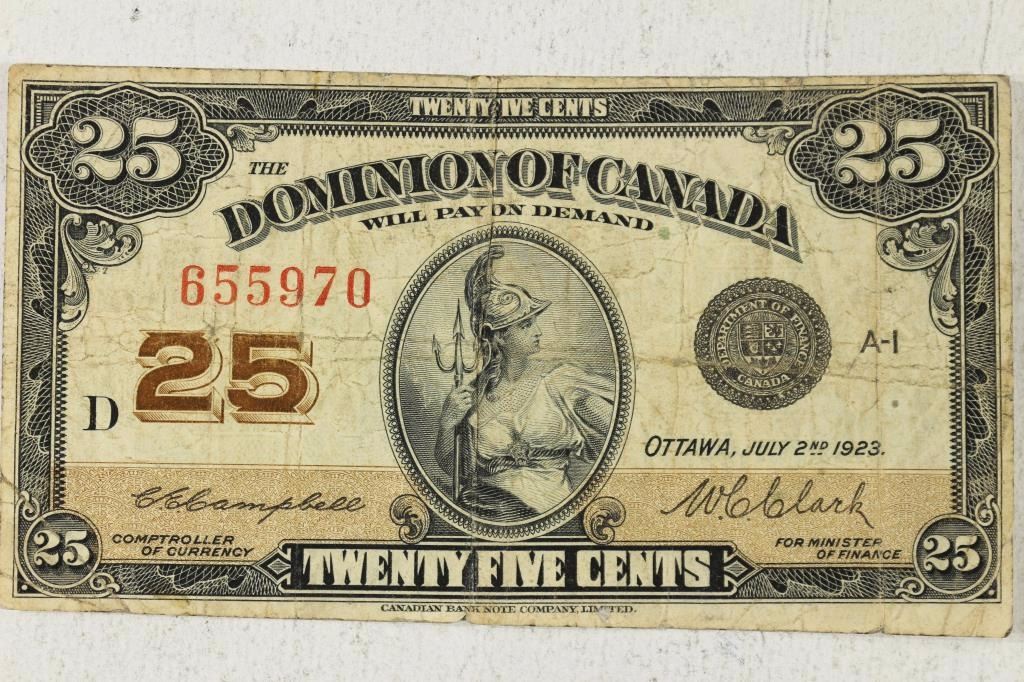 1923 DOMINION OF CANADA 25 CENT FRACTIONAL BILL