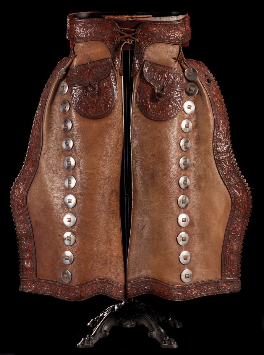 Tom Mix's Personal Batwing Chaps and Framed Carnival Cards