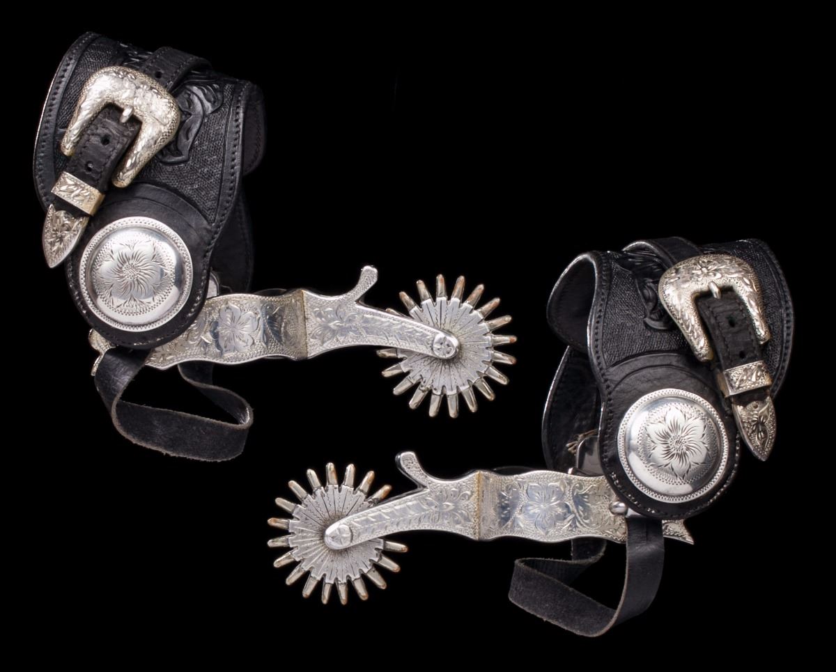 Crockett Stainless Parade Spurs with Fancy Straps