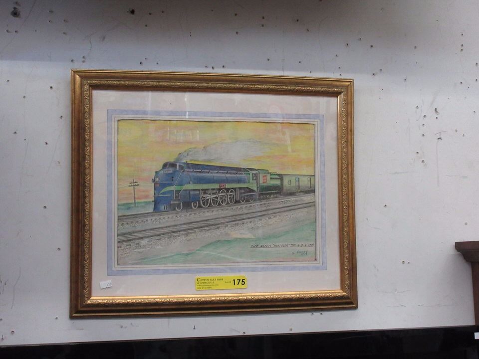 K. Holman signed pencil drawing of a CNR train