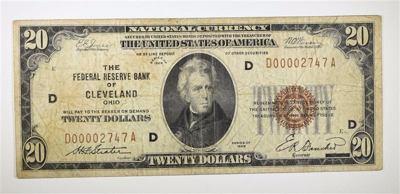 1929 $20.00 U.S. NATIONAL CURRENCY THE FEDERAL RESERVE BANK OF CLEVELAND OH
