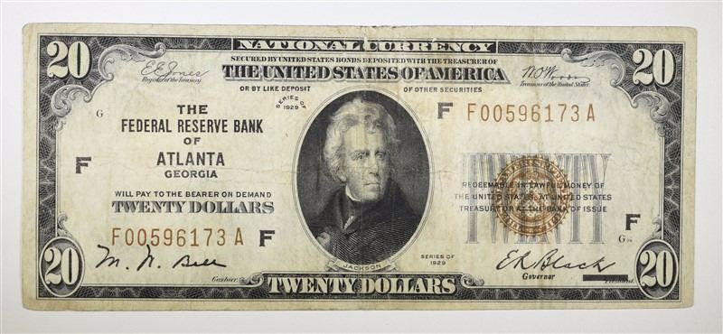 1929 $20.00 U.S. NATIONAL CURRENCY THE FEDERAL RESERVE BANK OF ATLANTA GA