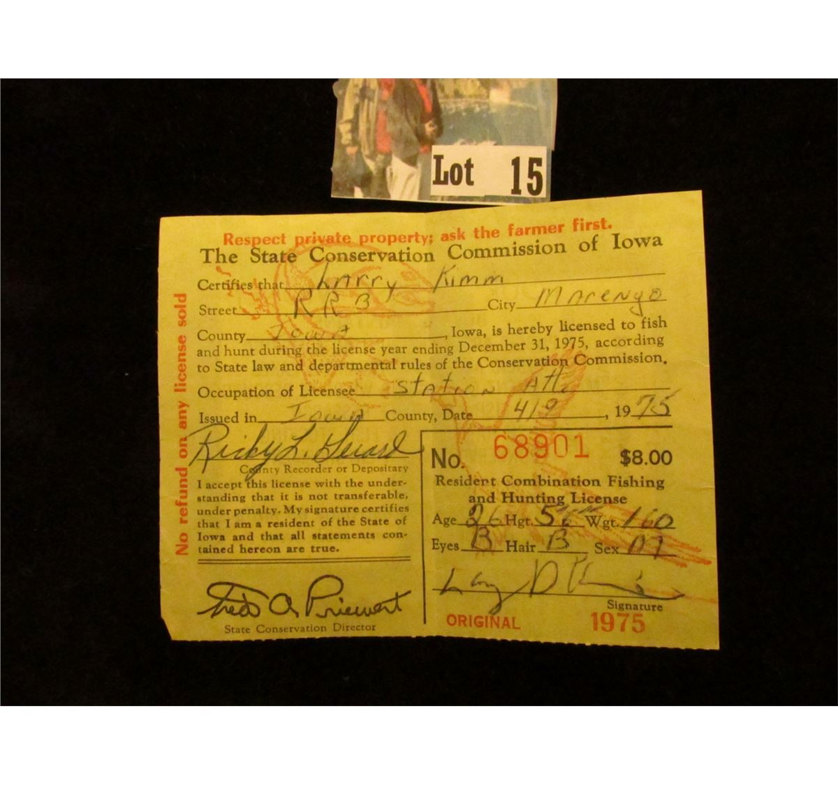 1975 Iowa Hunting License with both RW42 Federal Migratory Waterfowl ...