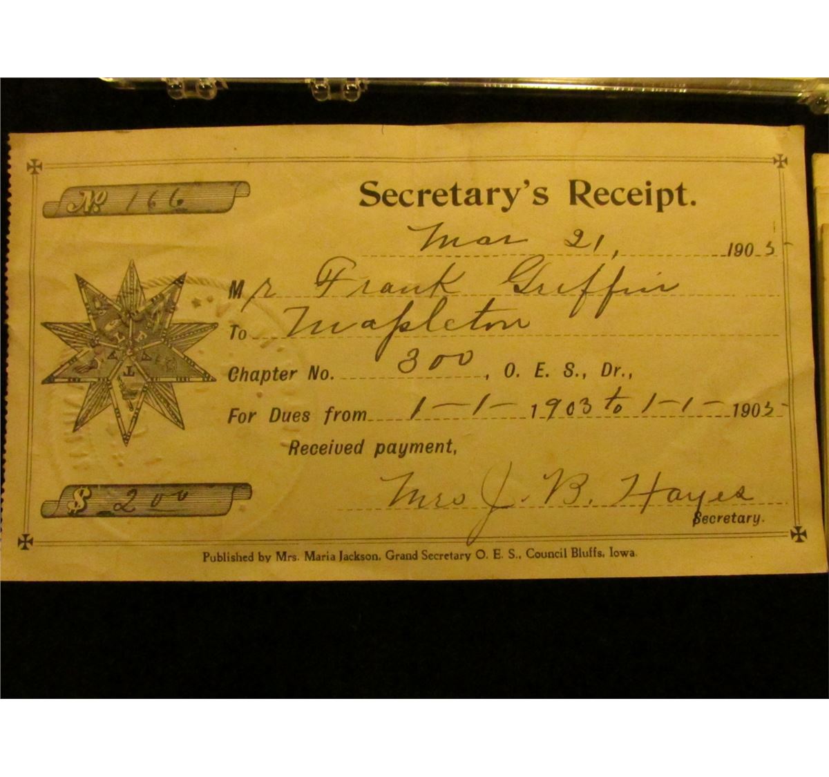 Grand Secretary Order of Eastern Star Secretary's Receipt from Mar. 21 ...