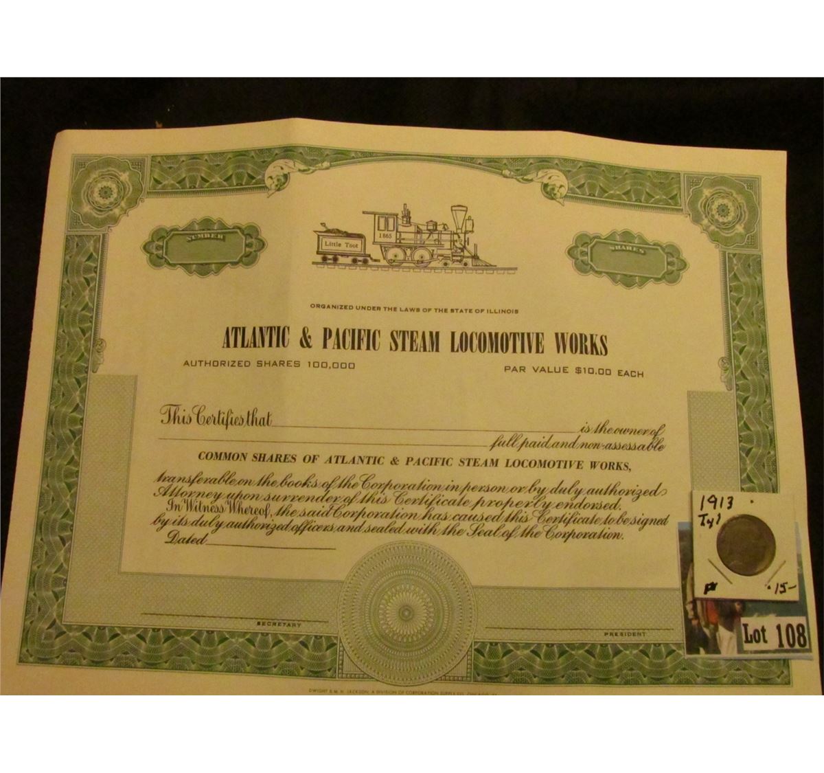 Common Shares Unissued Stock Certificate "Atlantic & Pacific Steam ...