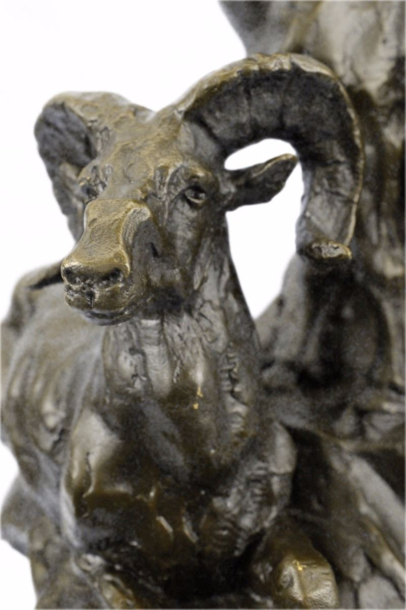 Two Rams On A Cliff Bronze Sculpture on Marble Base Statue