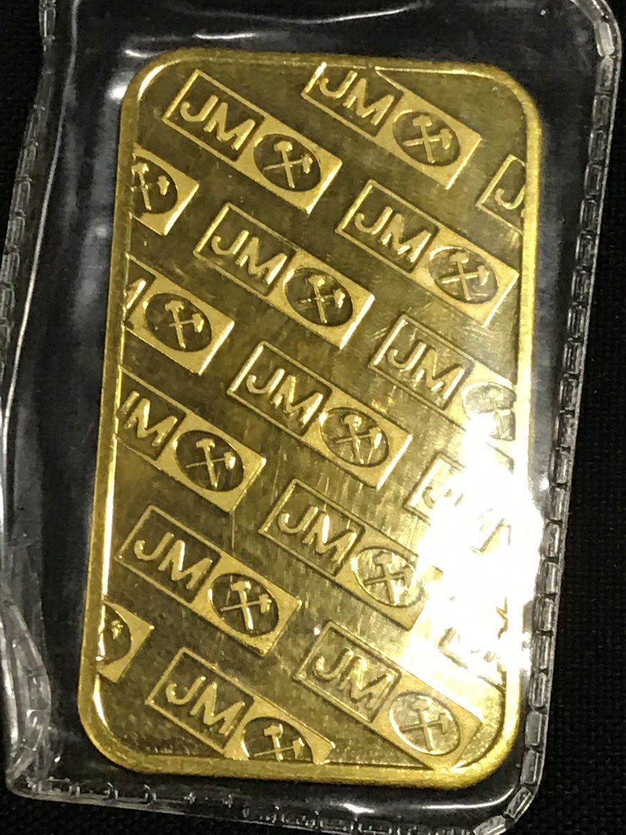 JOHNSON MATHEY ONE TROY OUNCE GOLD BAR SERIAL NUMBER 441423 9999 johnson-mathey-one-troy-ounce-gold-bar-serial-number-441423-9999