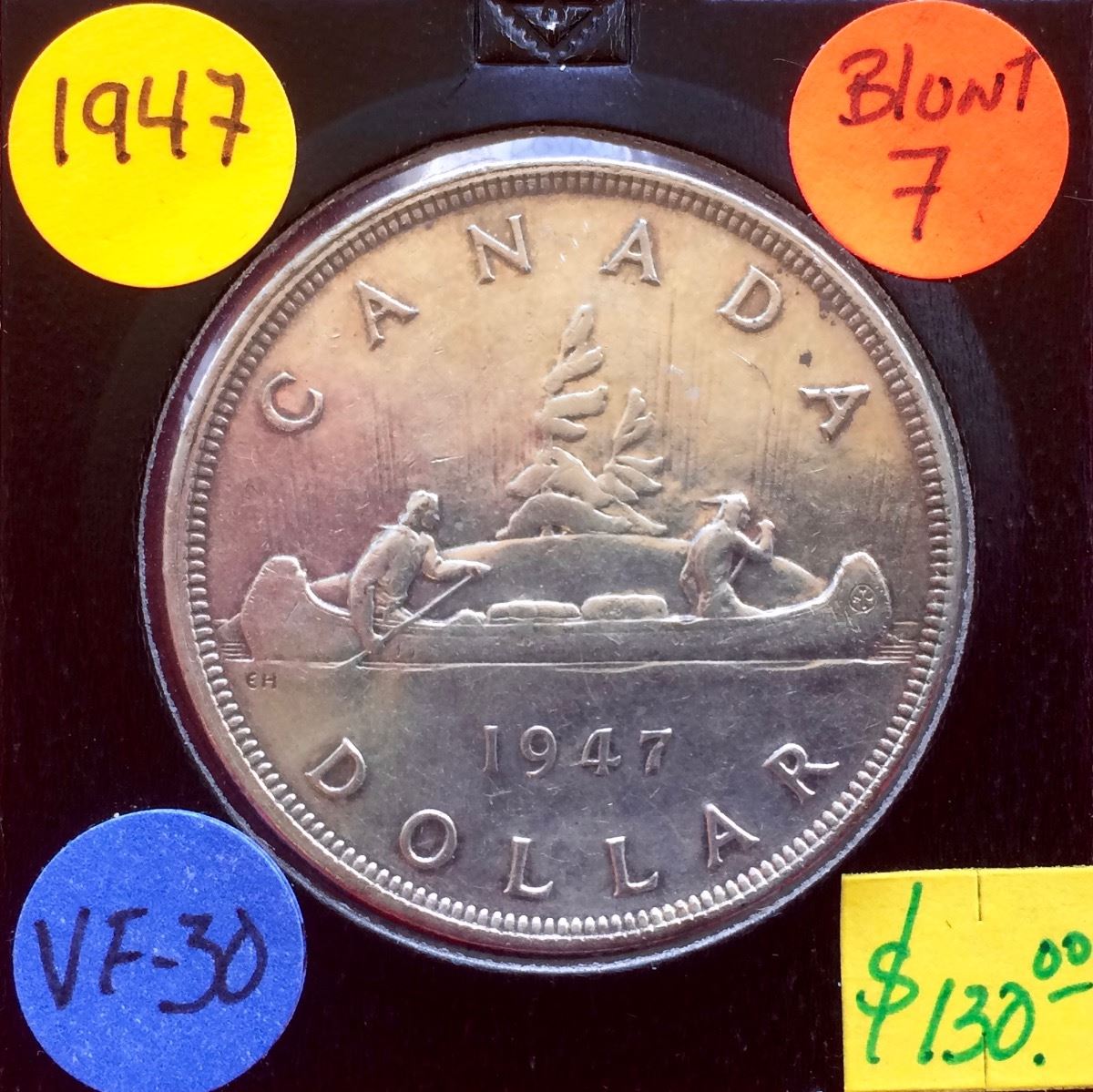 1947 Canada Silver one Dollar Coin Blunt 7 Variety