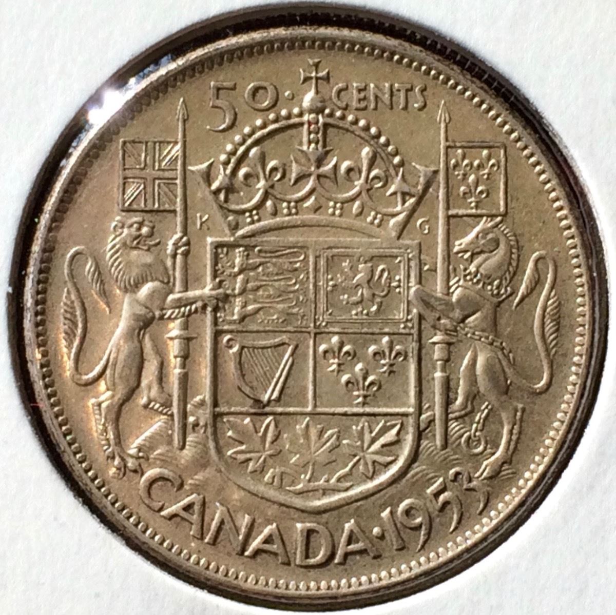 50 Cents Silver Canada 1953 Shoulder Fold Large Date