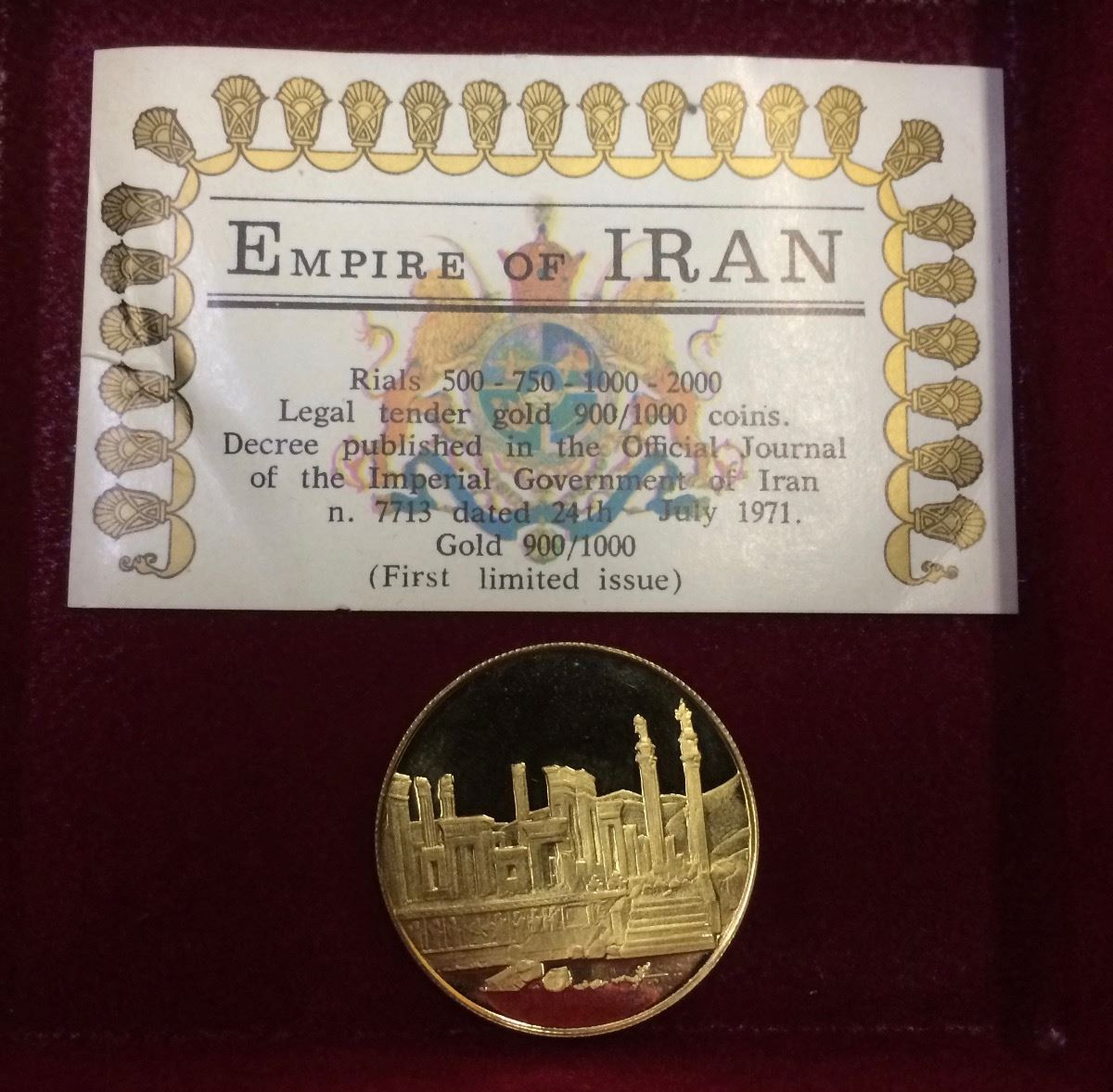Iran: 1971 1000 Rials Gold .900 Proof Coin, First Limited Issue 12,97 gr