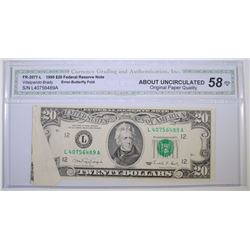 1990 $20 FEDERAL RESERVE NOTE CGA 58-OPQ DRAMATIC BUTTERFLY FOLD ERROR