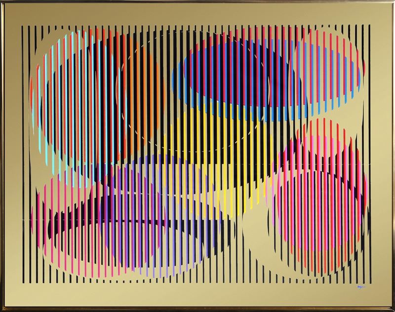 Yaacov Agam, Op-Art Geometric Serigraph on Gold Mirror