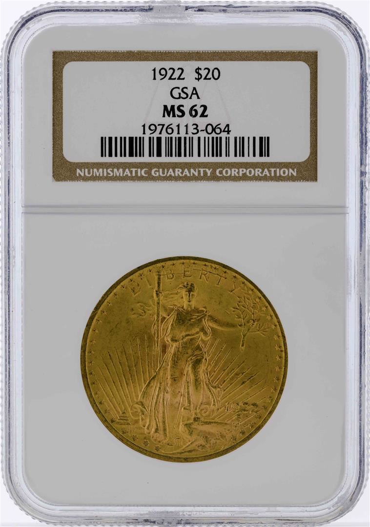 1922 $20 St. Gaudens Double Eagle Gold Coin GSA NGC MS62