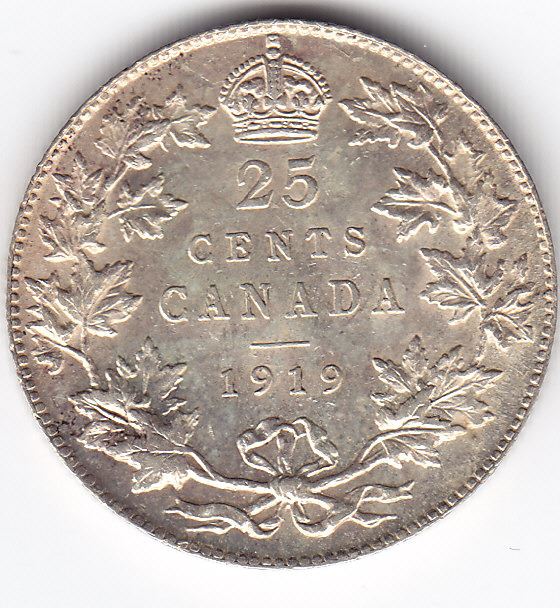 1919 Canada Silver 25-Cent Quarter Coin - MS-63