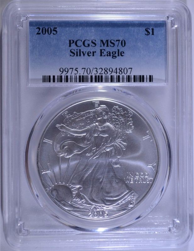 2005 AMERICAN SILVER EAGLE, PCGS MS-70 PERFECT PCGS PRICE GUIDE-=300.00