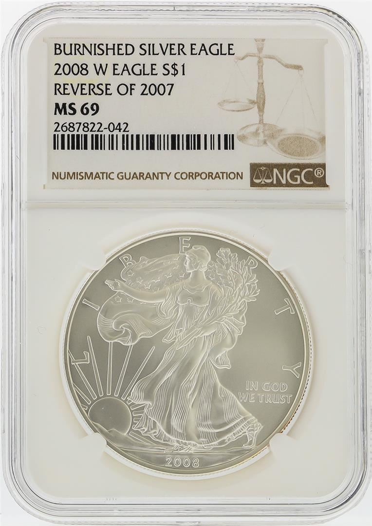 2008-W $1 Burnished American Silver Eagle Coin Reverse of 2007 NGC MS69