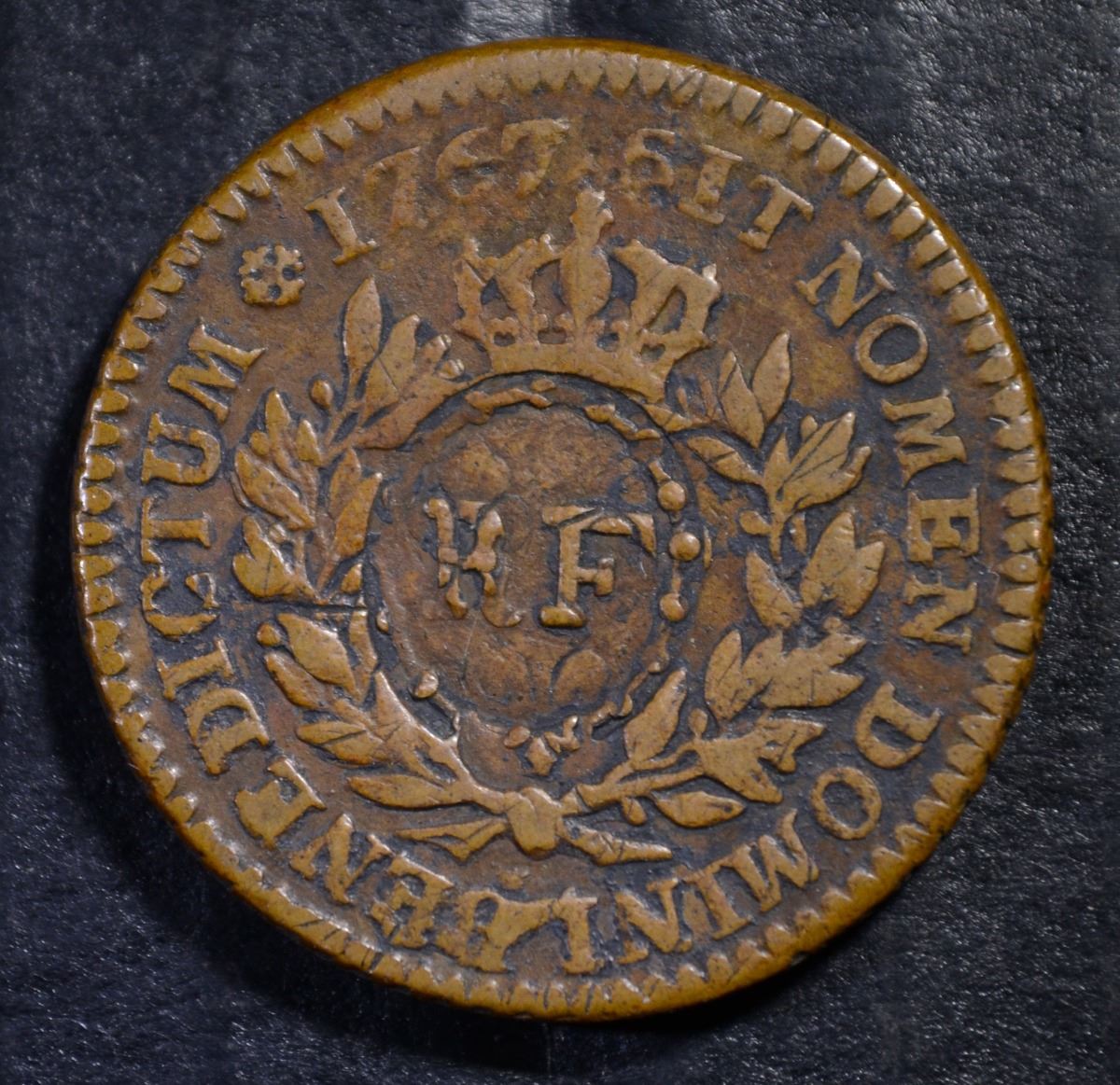 1767 FRENCH COLONIES COPPER SOU OR 12 DENIERS WITH "RF" COUNTERSTAMP