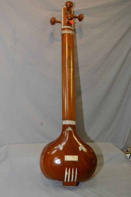 Large antique Indian Maraj sitar with hollow neck and gourd, inlaid ...