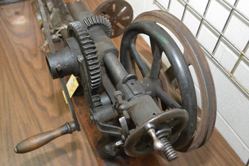 Antique wall mount, hand crank drill made by Blower and Forge Company ...