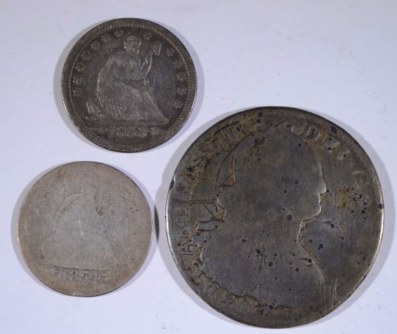3 COIN LOT: 1807 SILVER DOLLAR 8 REALES, 1854 SEATED LIBERTY QUARTER AG,
