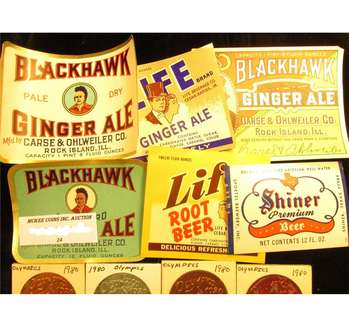 Group of (7) 1980 Olympic Games Medals & (6) Different Beverage Bottle ...