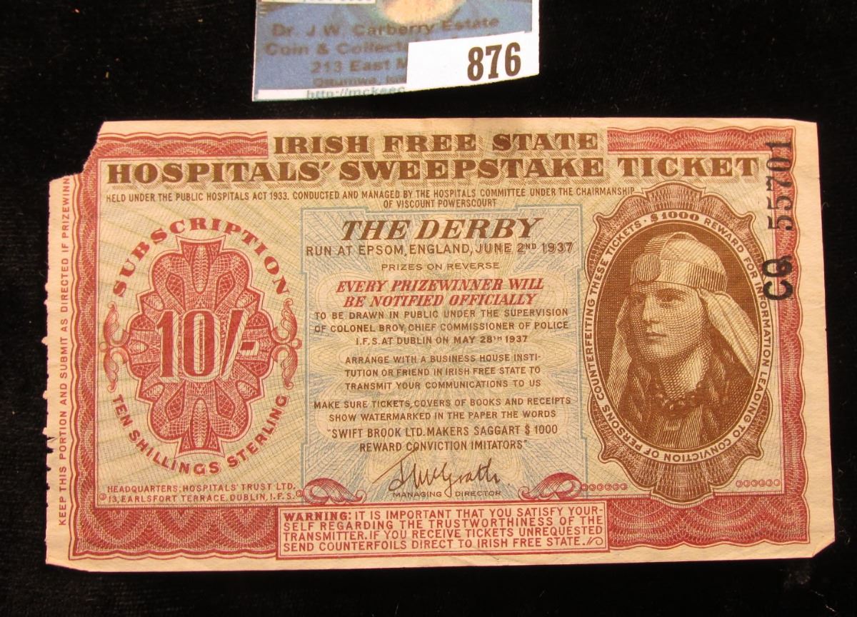1937 "Irish Free State Hospitals' Sweepstake Ticket…The Derby ...
