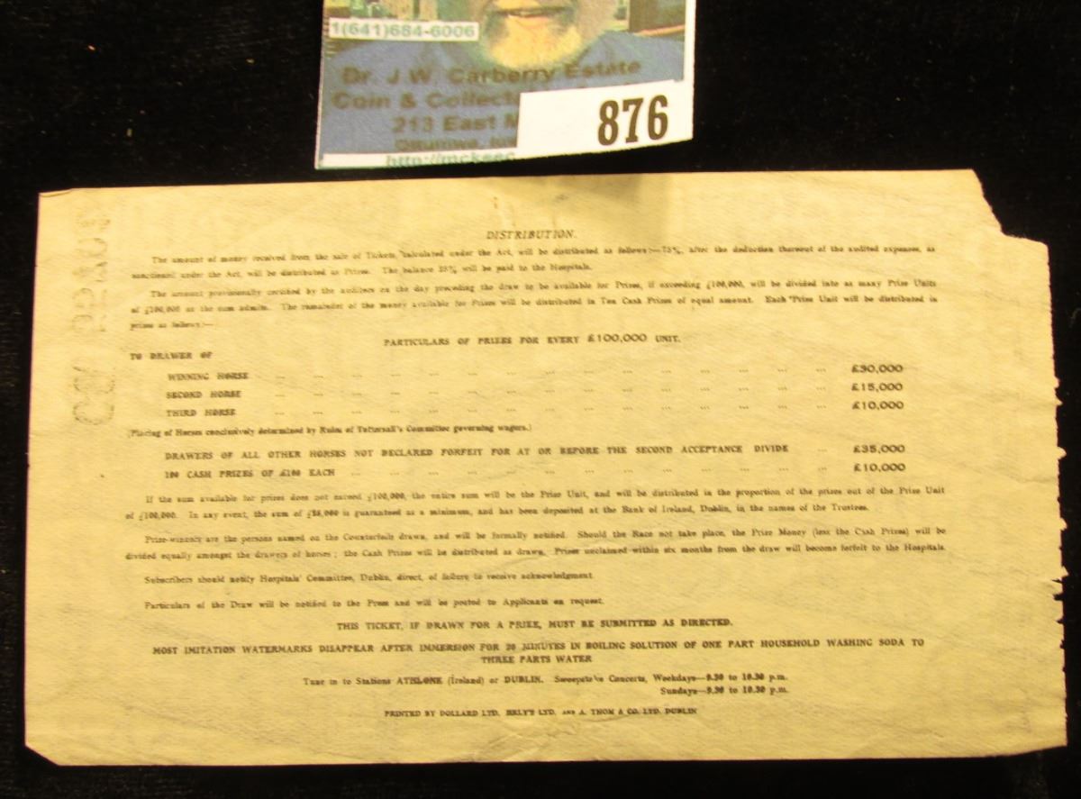 1937 "Irish Free State Hospitals' Sweepstake Ticket…The Derby ...