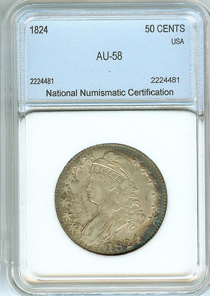 1824 CAPPED BUST SILVER 50 CENTS NNC AU-58 SCARCE COIN!