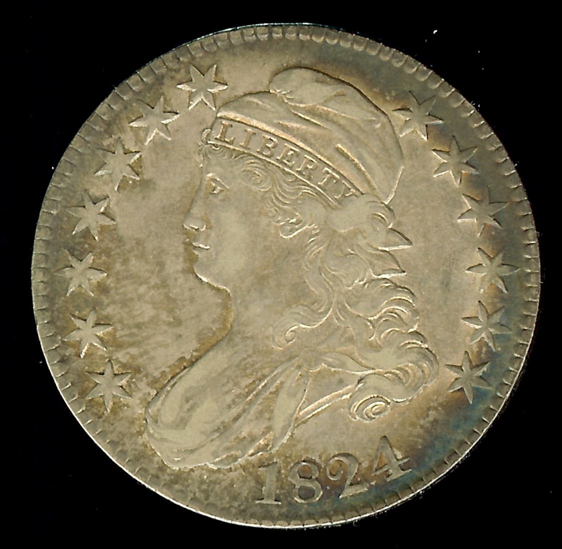 1824 CAPPED BUST SILVER 50 CENTS NNC AU-58 SCARCE COIN!