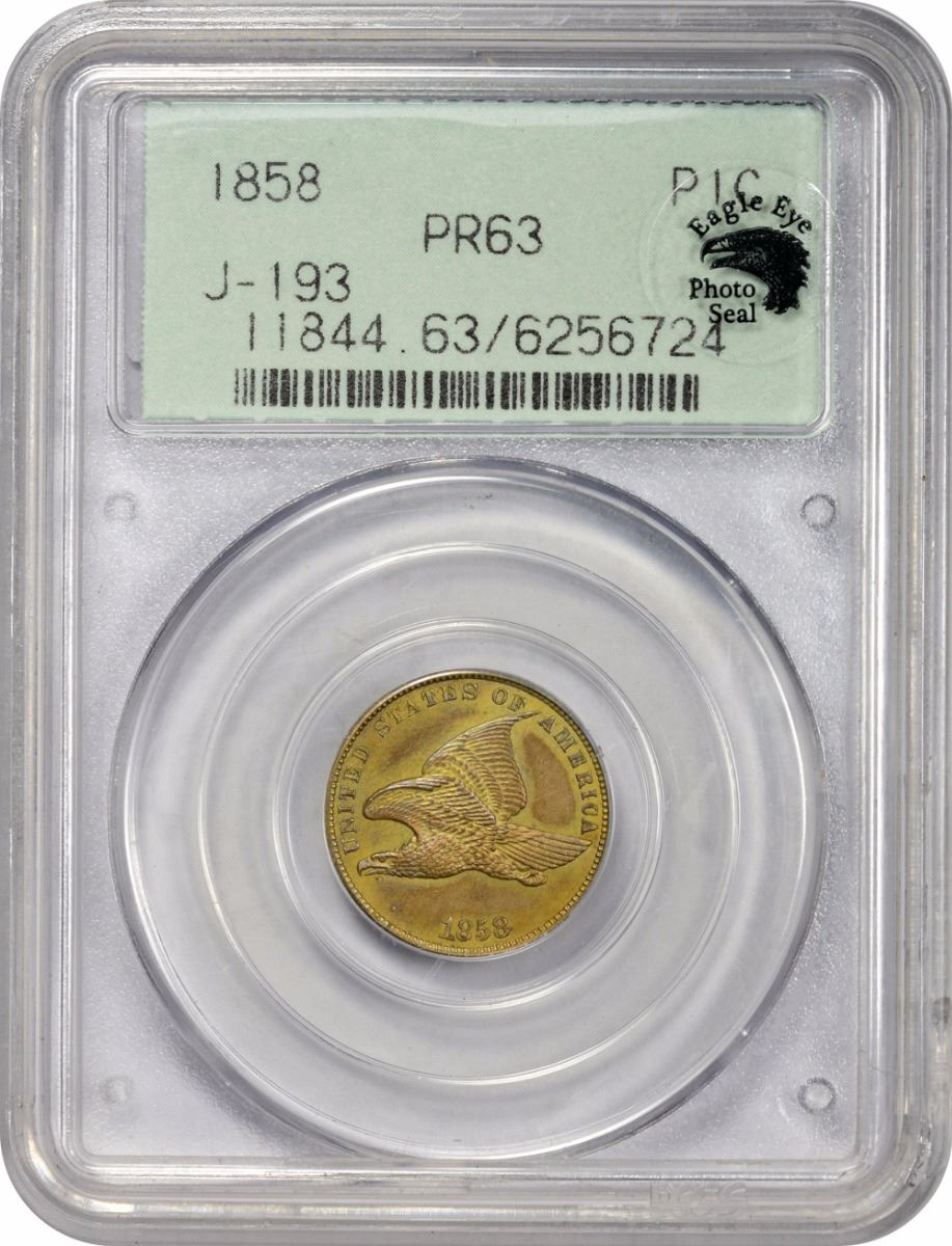 1858 Flying Eagle cent - Small Letters, Ornamental Shield reverse. J ...