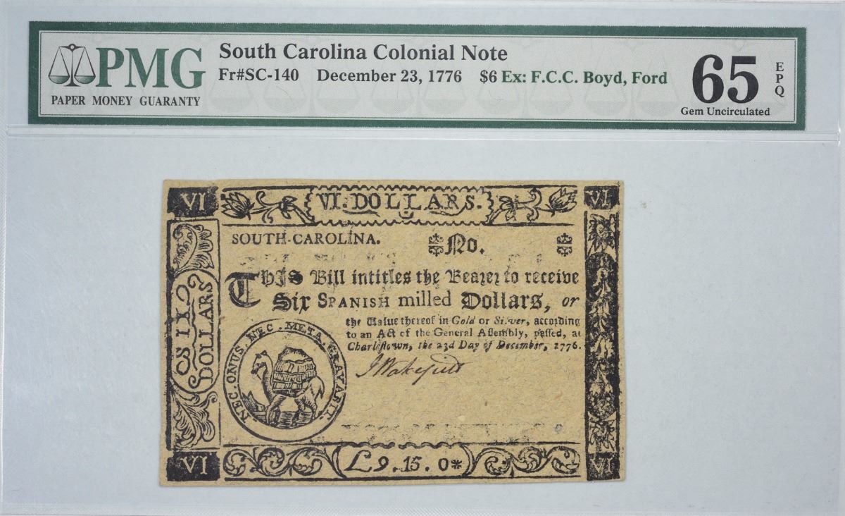SC-140. December 23, 1776. $6 Colonial Note. PMG Gem Uncirculated 65 ...