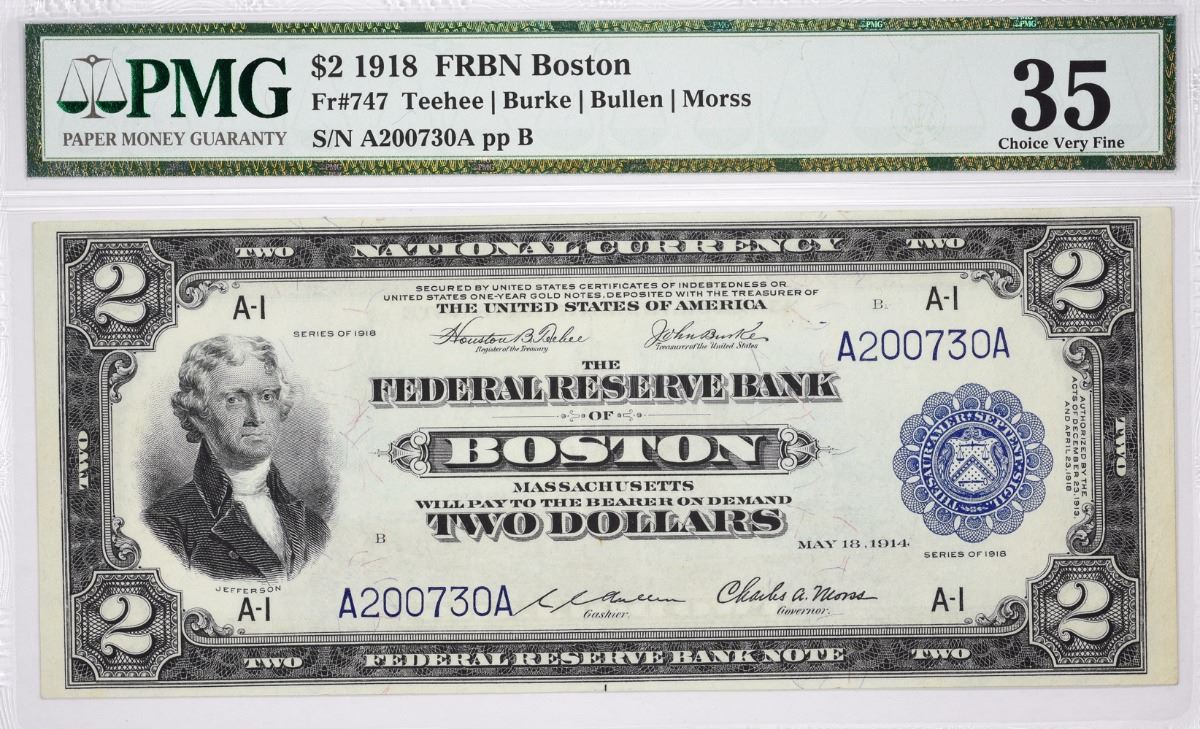 Fr. 747. 1918 $2 Federal Reserve Bank Note. Boston. PMG Choice Very ...