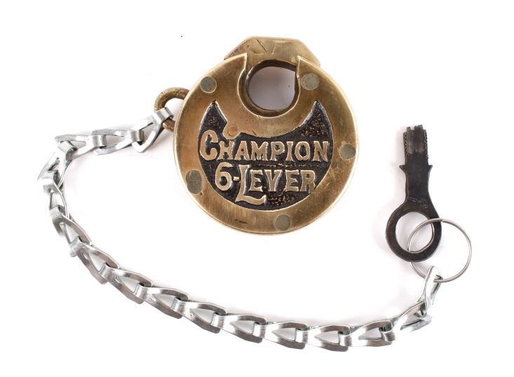 Antique 6-Lever Champion Brass Padlock With Key